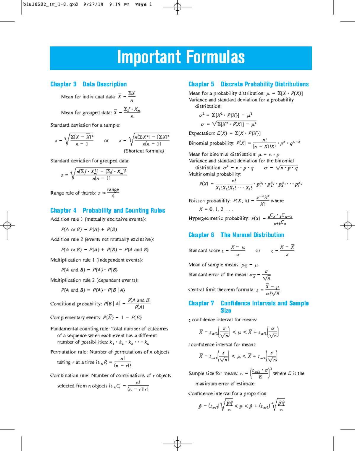 Bluman Formulas Exam 2 - Chapter 3 Data Description Mean for individual ...