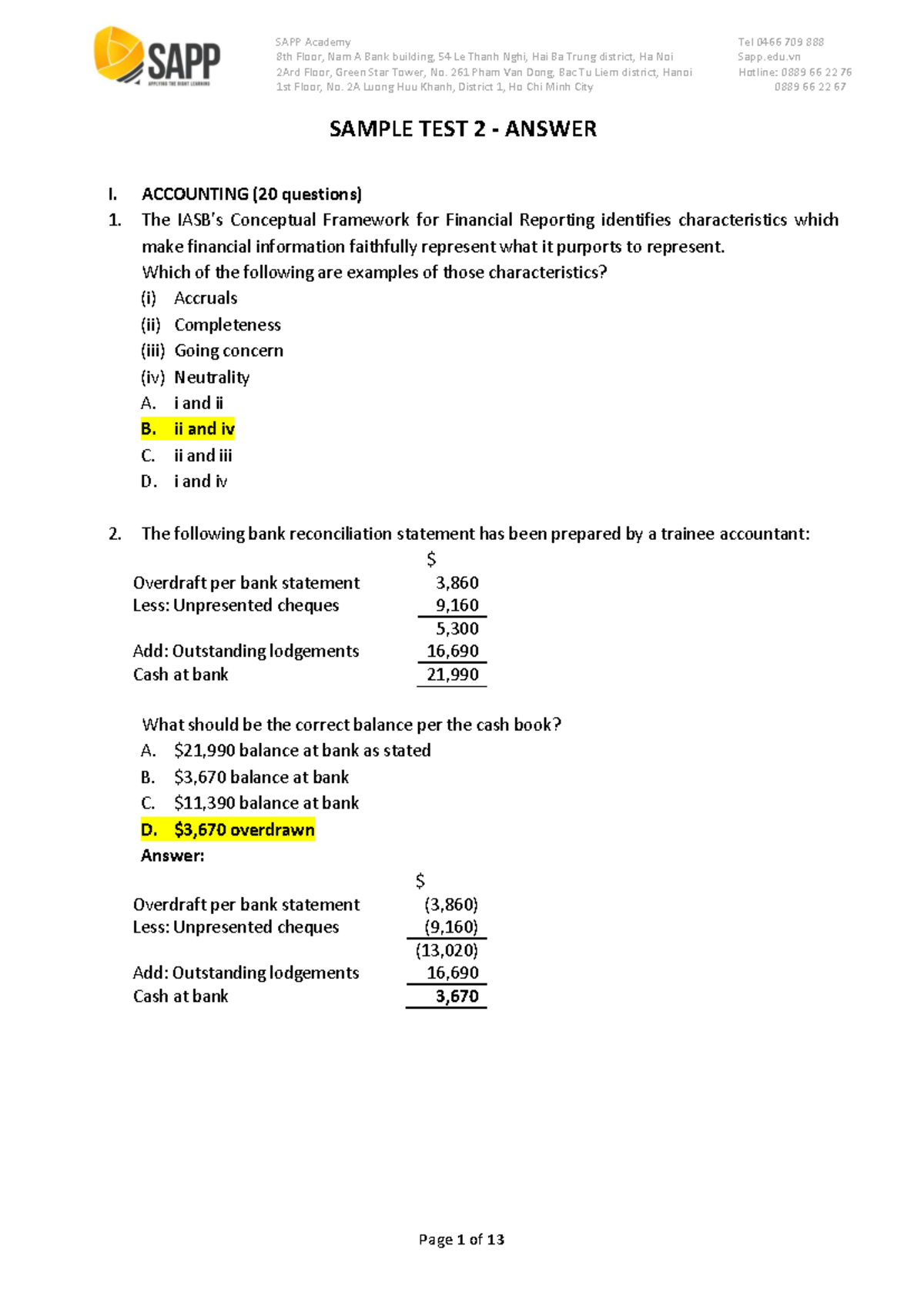 Sample Test 2 - Answers for 230921 Final Examination in Accounting ...