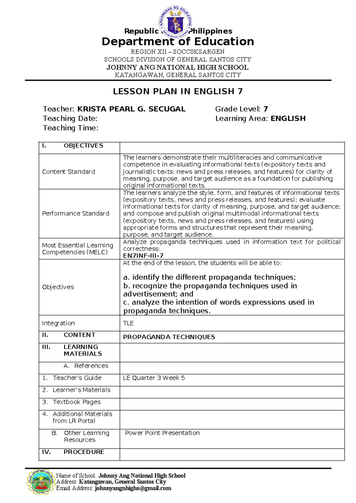 LP 3 English 7 Lesson Plan: Analyzing Propaganda Techniques - Studocu