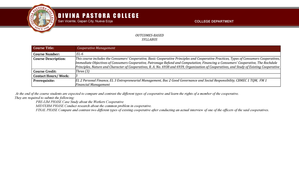 Cooperative Management Syllabus EL - Overview and Assessment Strategies ...