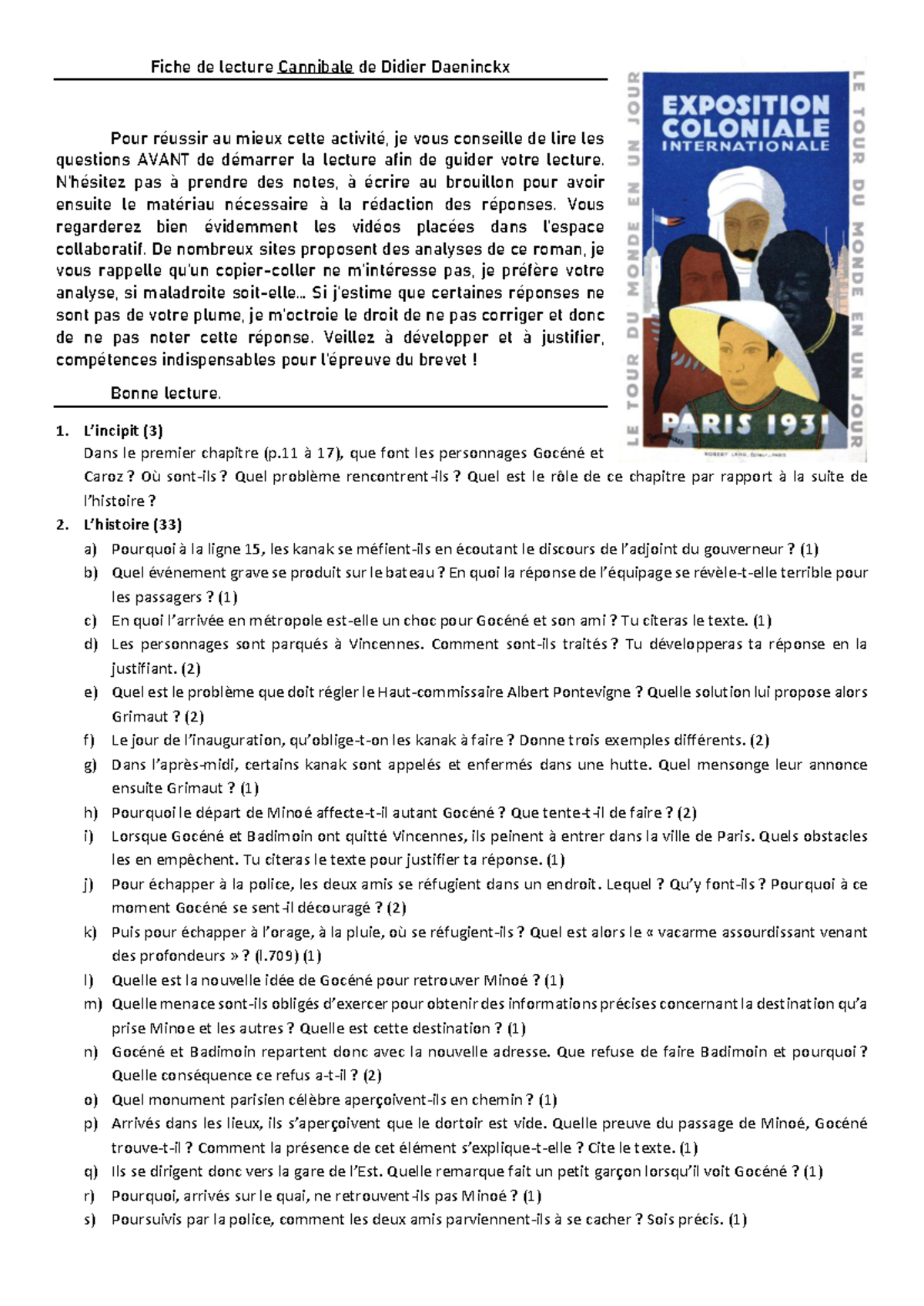 Fiche de lecture du roman "Cannibale" de Didier Daeninckx - Studocu
