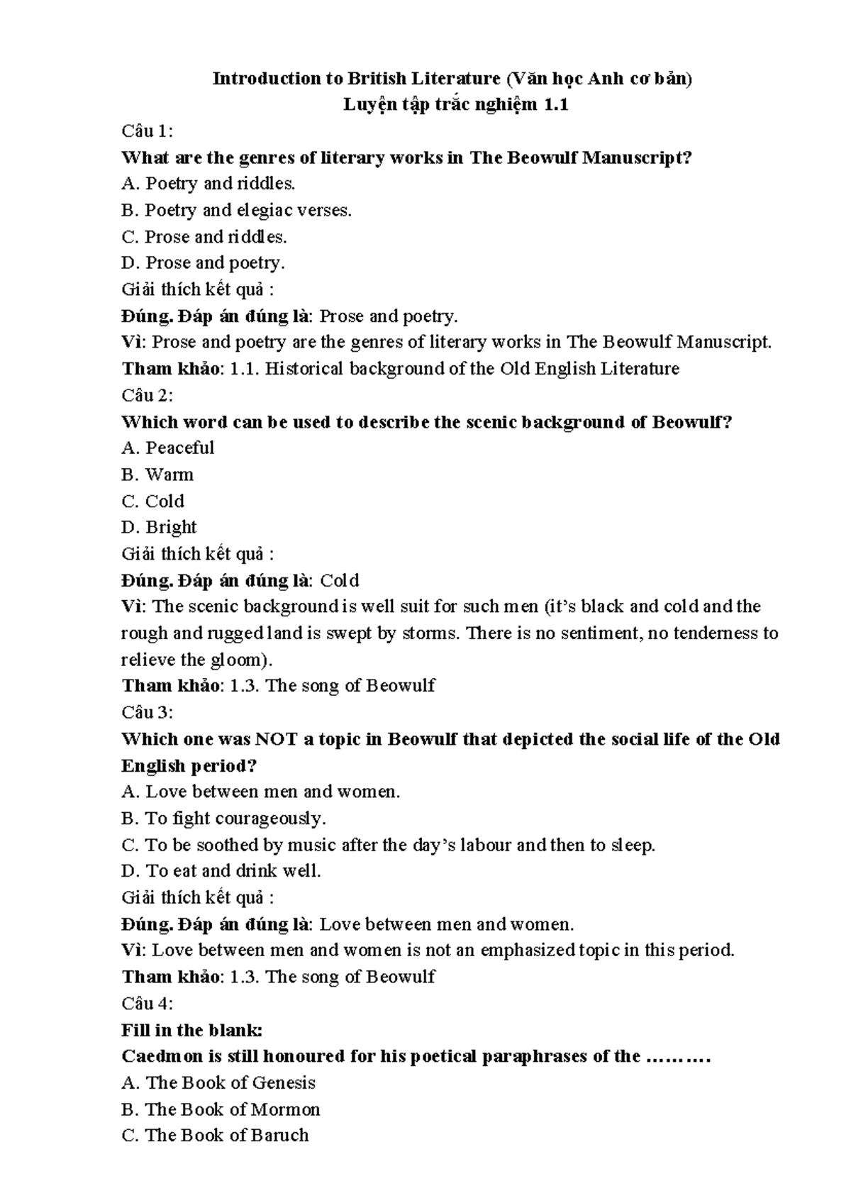 Quiz on British Literature (ENG 101) - Beowulf and Old English Context - Studocu