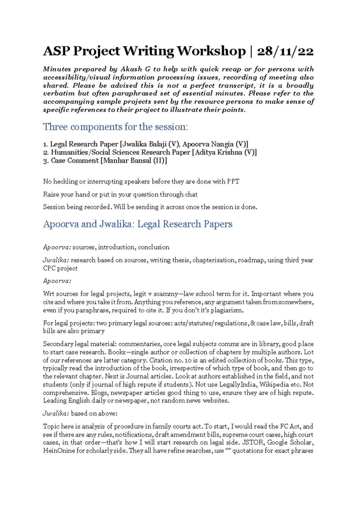 Minutes of 2022 ASP Project Writing Workshop - Studocu