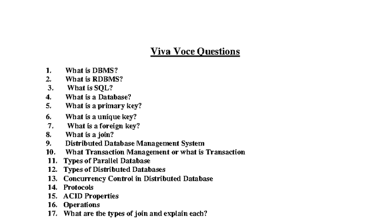 DBMS Oral Question Bank -1: Key Concepts & Definitions - Studocu