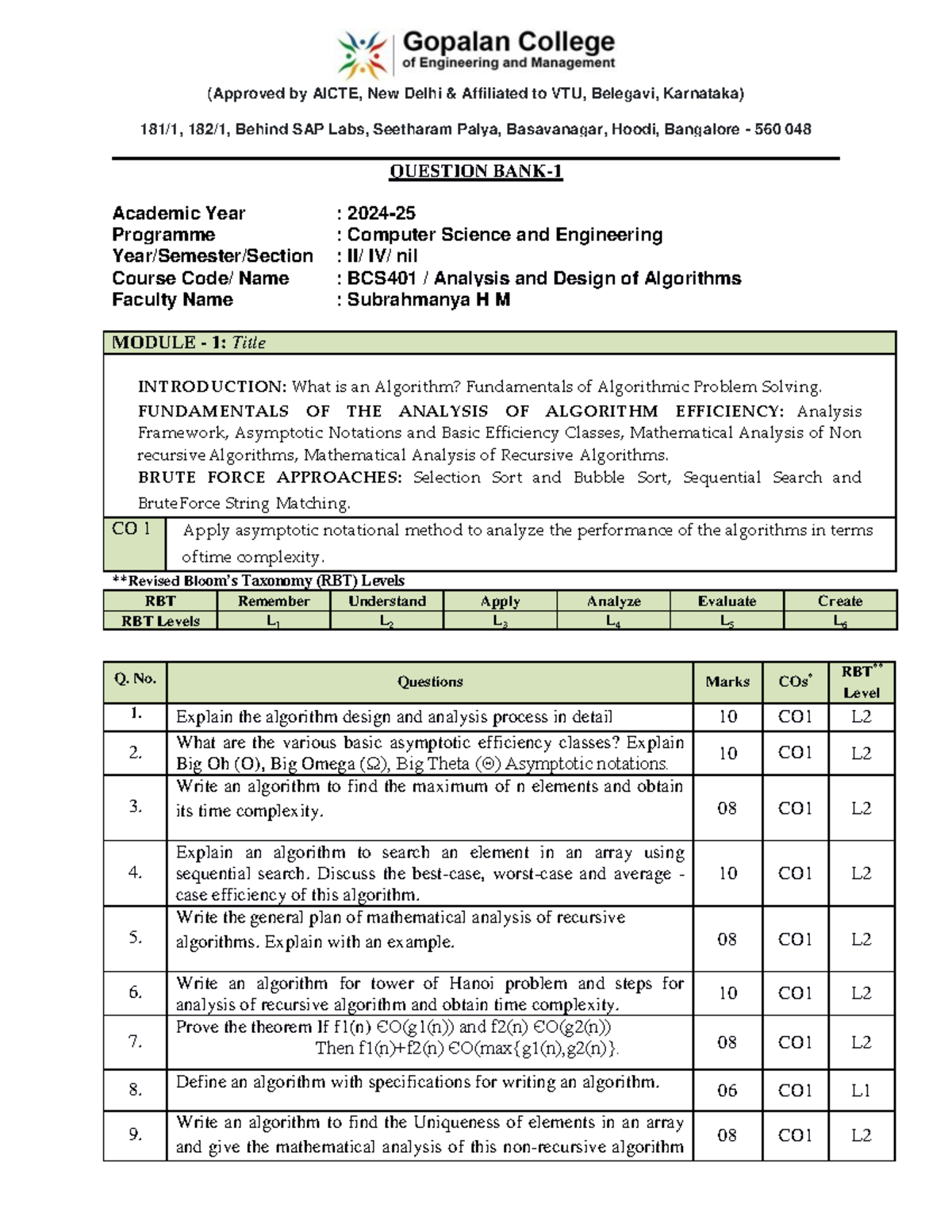 BCS401 - Analysis & Design of Algorithms Question Bank 2024-25 - Studocu