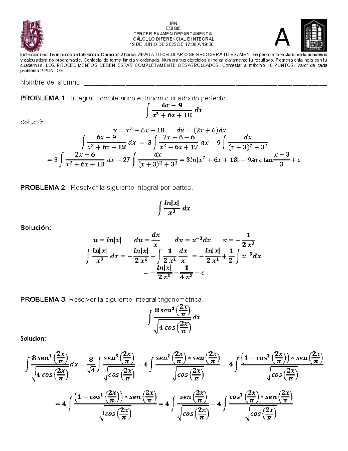 IPN ESIQIE TERCER EXAMEN DEPARTAMENTAL CÁLCULO DIFERENCIAL E INTEGRAL - Studocu
