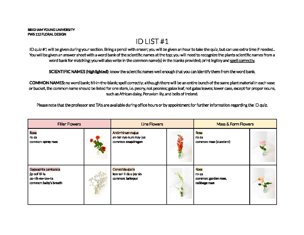 PWS 112 Floral Design ID Quiz Study Guide for Fall Semester - Studocu