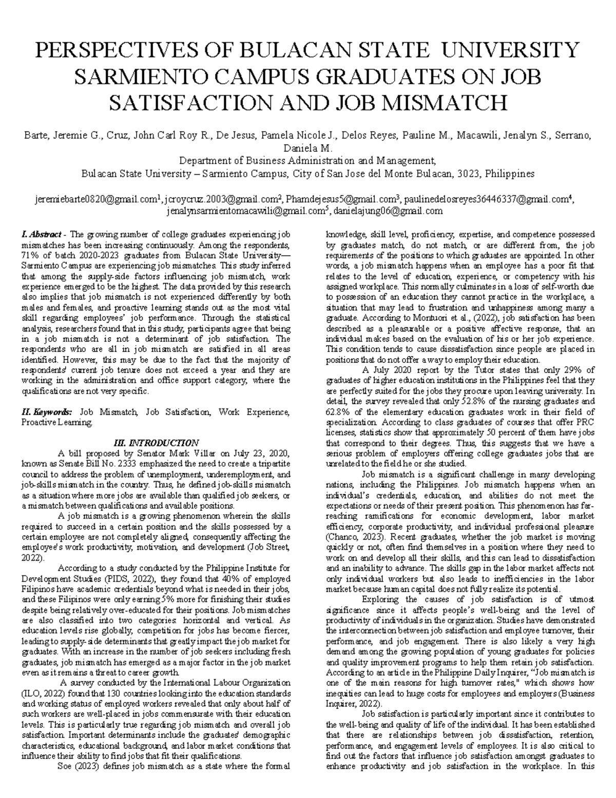 Perspectives on Job Satisfaction and Mismatch Among BSU Graduates - Studocu