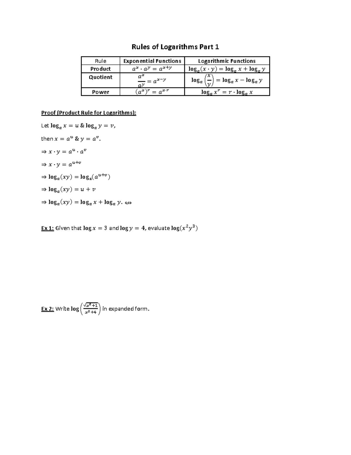 3.3 Rules of Logarithms: Product, Quotient, and Power Laws - Studocu