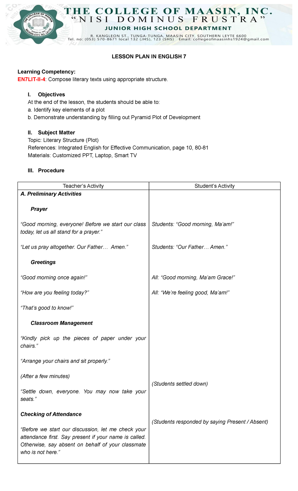 LP in English 7 - Lesson Plan on Literary Structure (Plot) - Studocu
