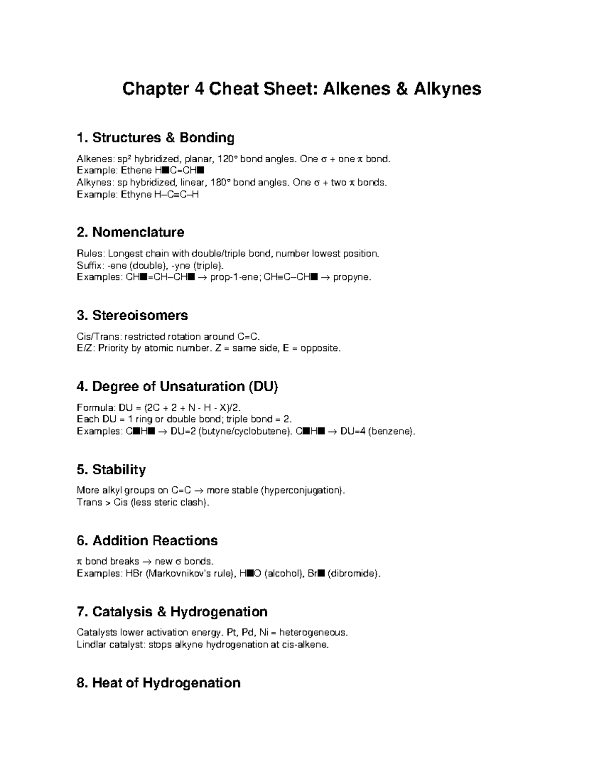Chapter 4 Cheat Sheet: Alkenes & Alkynes Structures & Reactions - Studocu