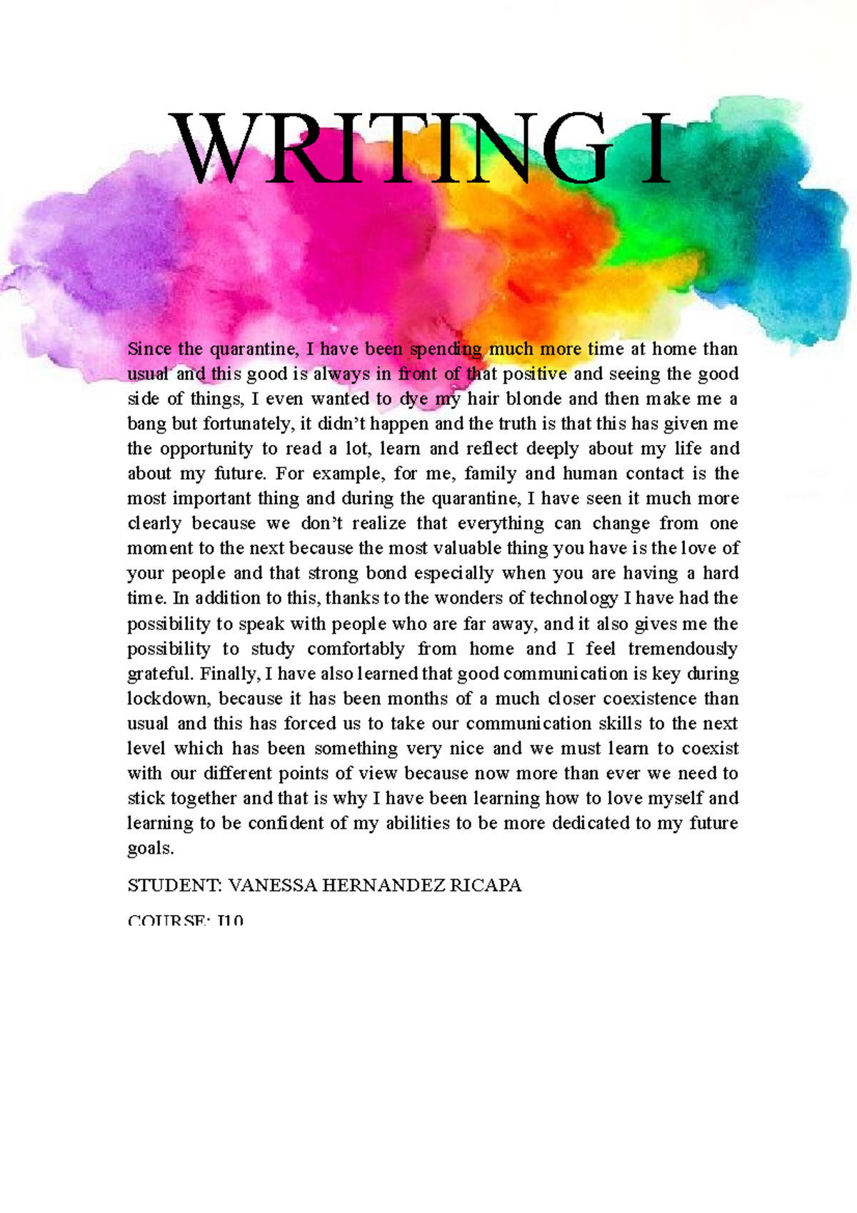 Writing 1 - I10 ICPNA: Reflections on Quarantine Life and Growth - Studocu