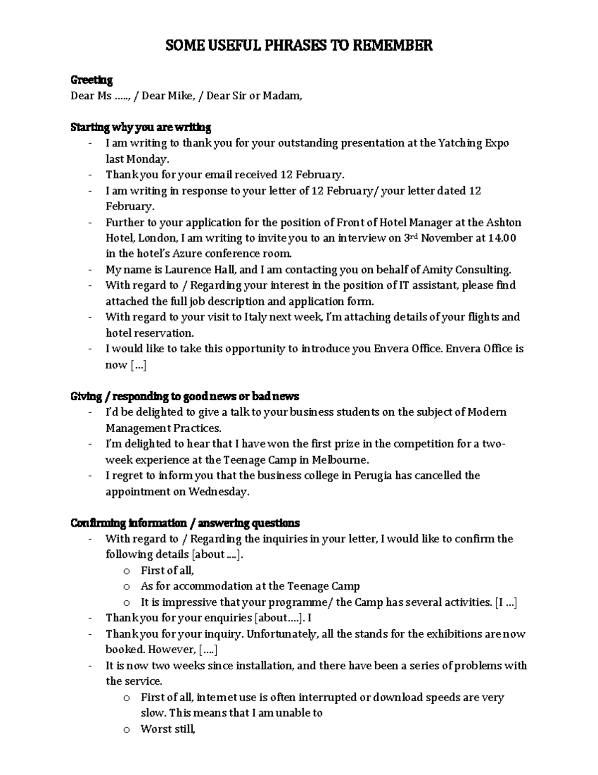 Useful Phrases for Letter Writing: Communication Tips - Studocu