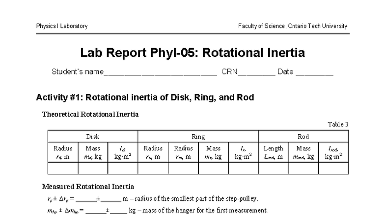 Physics I Lab Report: Rotational Inertia Analysis - Studocu