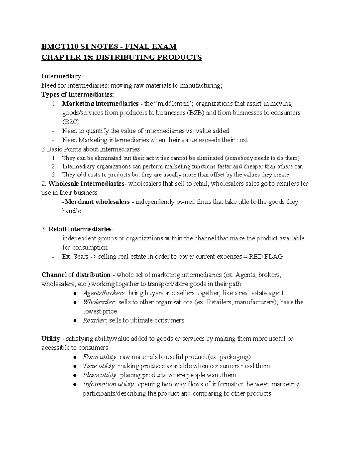 BMGT110 S1 FINAL EXAM NOTES: CHAPTER 15 - DISTRIBUTING PRODUCTS - Studocu