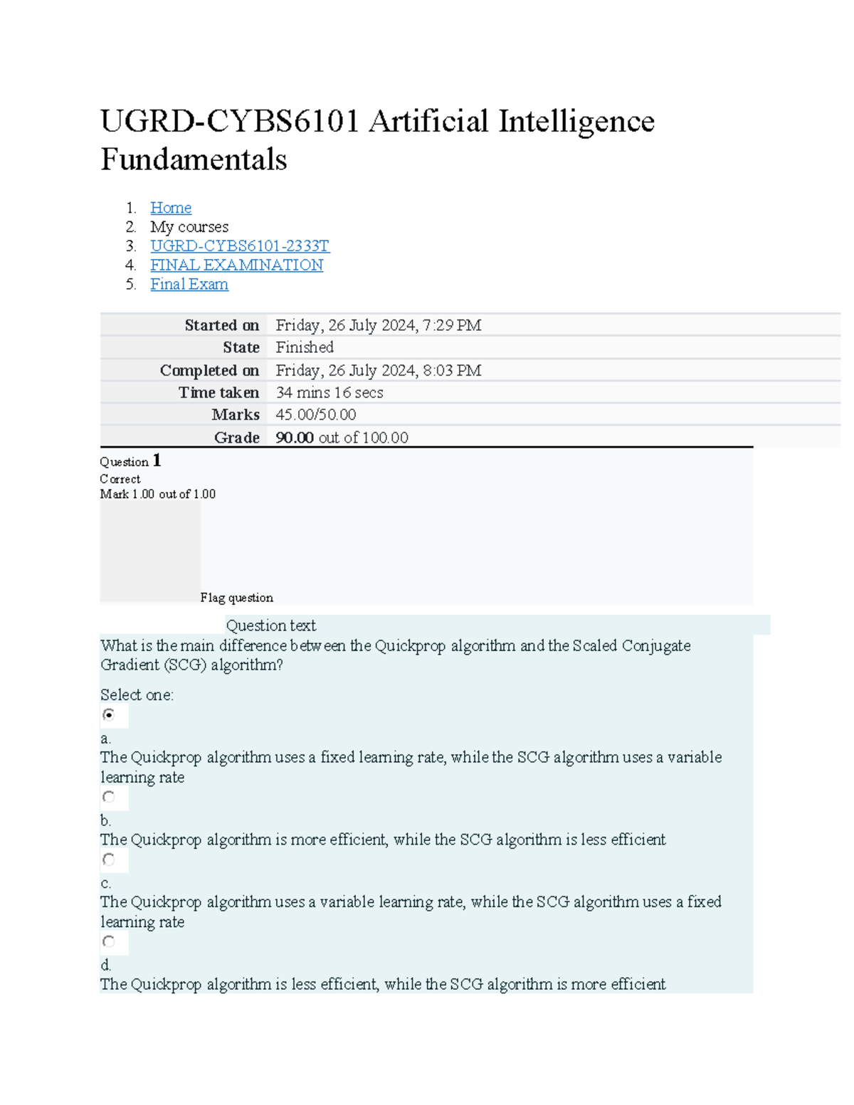 UGRD-CYBS6101 Artificial Intelligence Fundamentals Final Exams - UGRD-CYBS6101 Artificial - Studocu