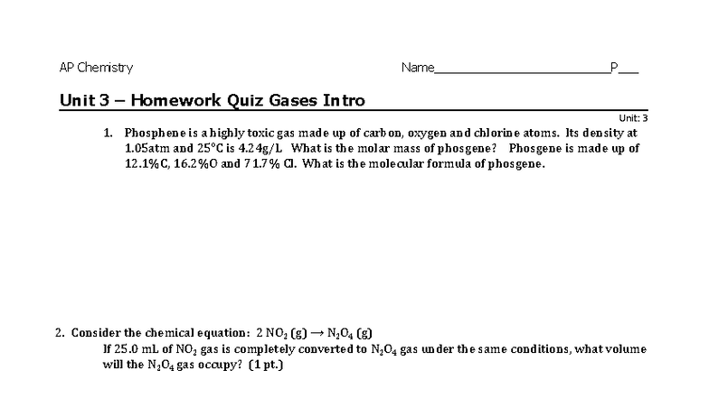 AP Chemistry Unit 3 Homework Quiz: Gases and Phosgene Analysis - Studocu