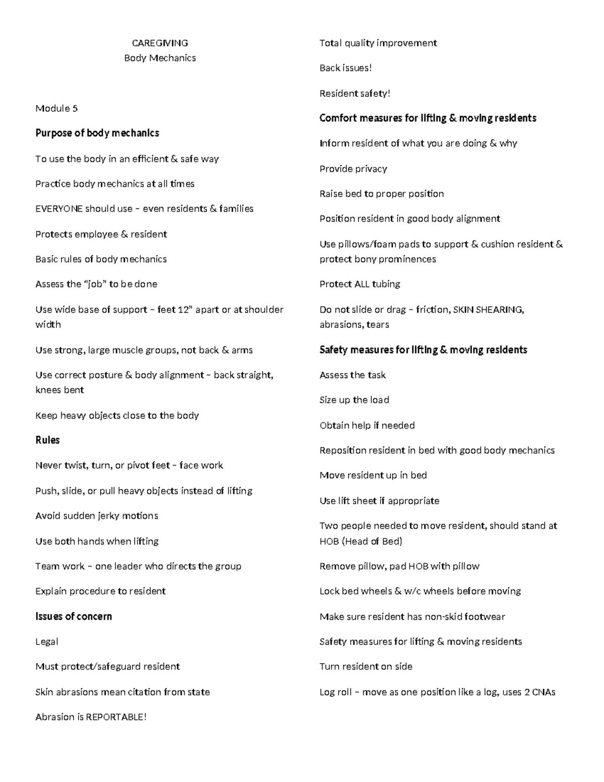 Body Mechanics in Caregiving: Module 5 Lecture Notes - Studocu