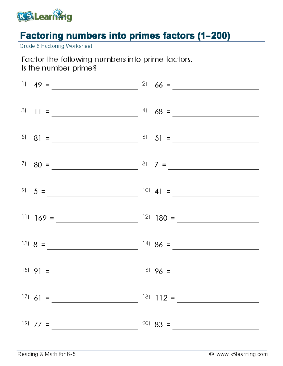 Grade 6 Math: Factoring Numbers into Prime Factors Worksheet - Studocu