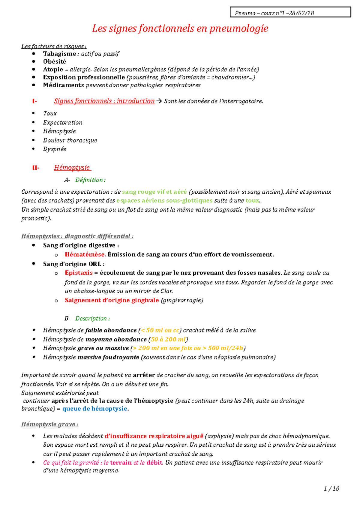 C1 - Signes Fonctionnels et Physiques en Pneumologie: Cours 1 - Studocu