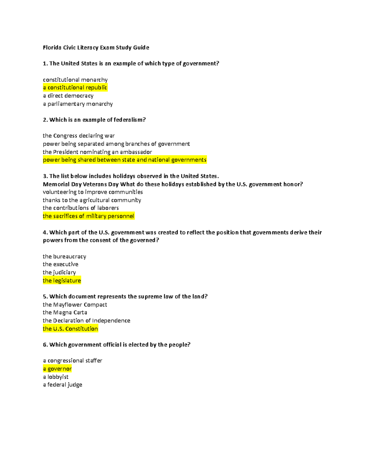 Florida Civic Literacy Exam Study Guide (Final Exam) - Studocu