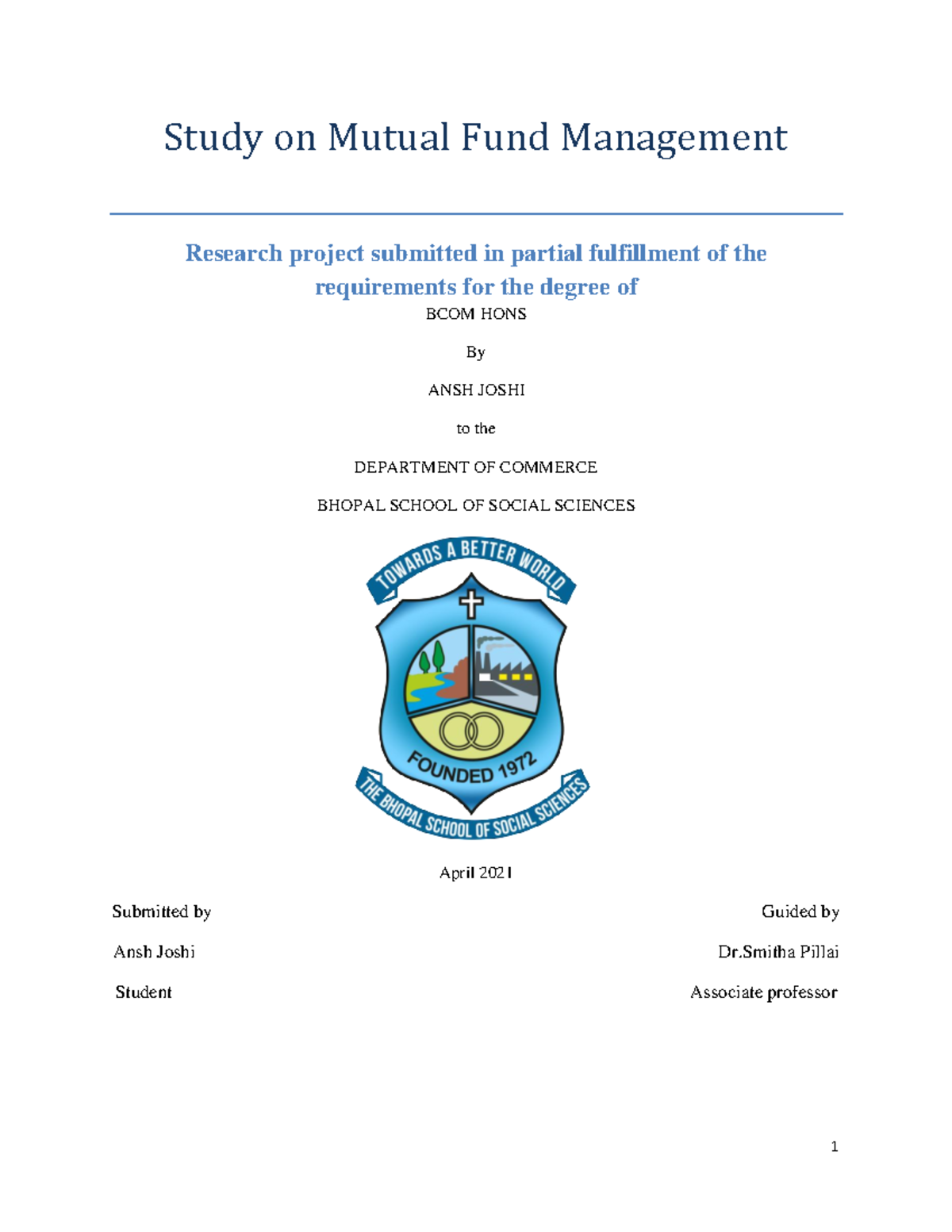 BCOM HONS Research Project: Study on Mutual Fund Management - Studocu