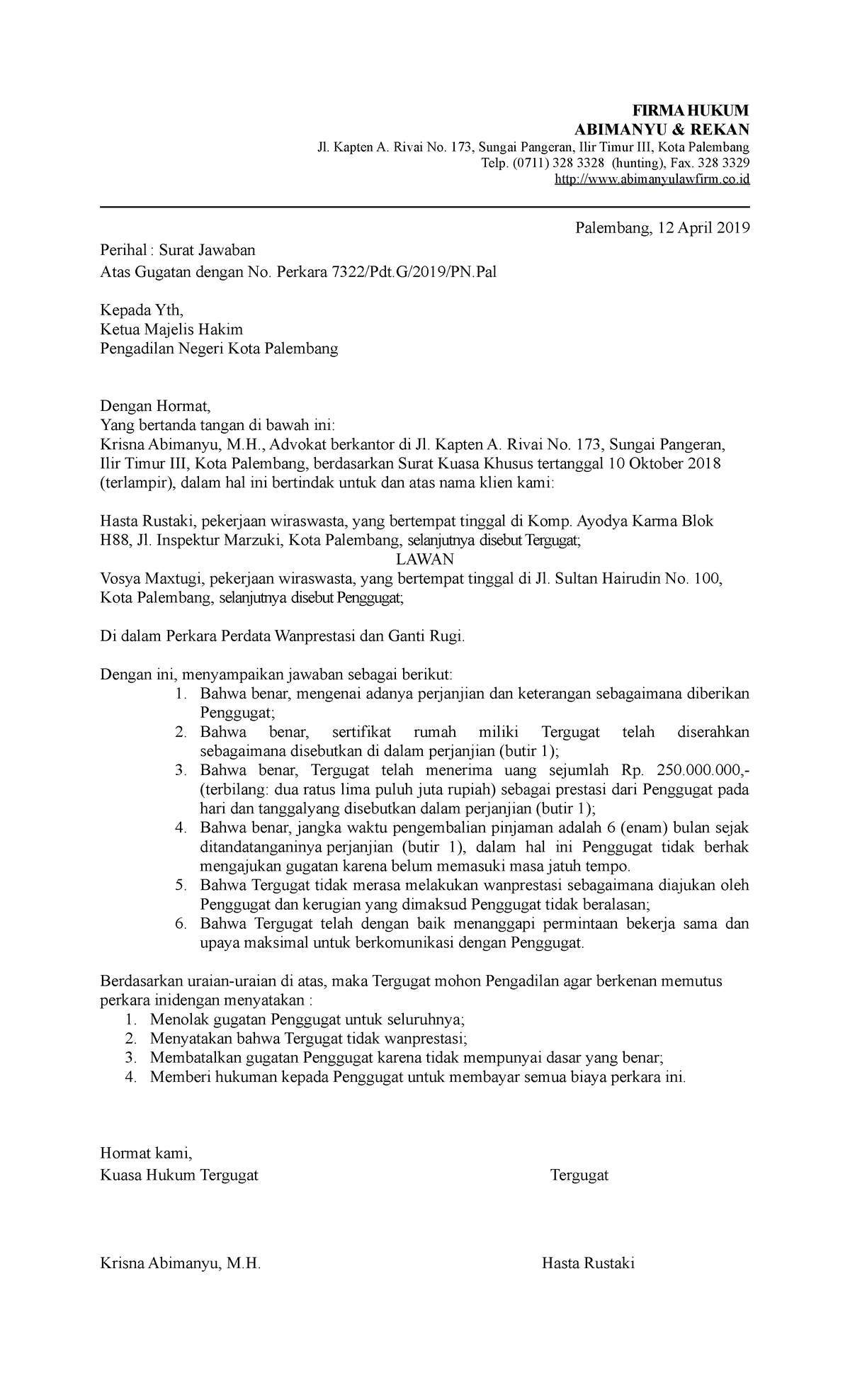 Surat Jawaban Gugatan Wanprestasi No. 7322/Pdt.G/2019/PN - Studocu