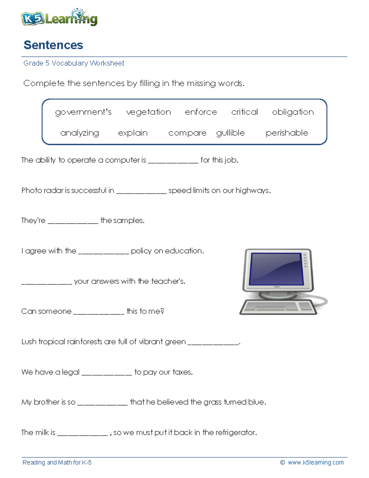 Grade 5 EALD Vocabulary Worksheet: Complete the Sentences - Studocu