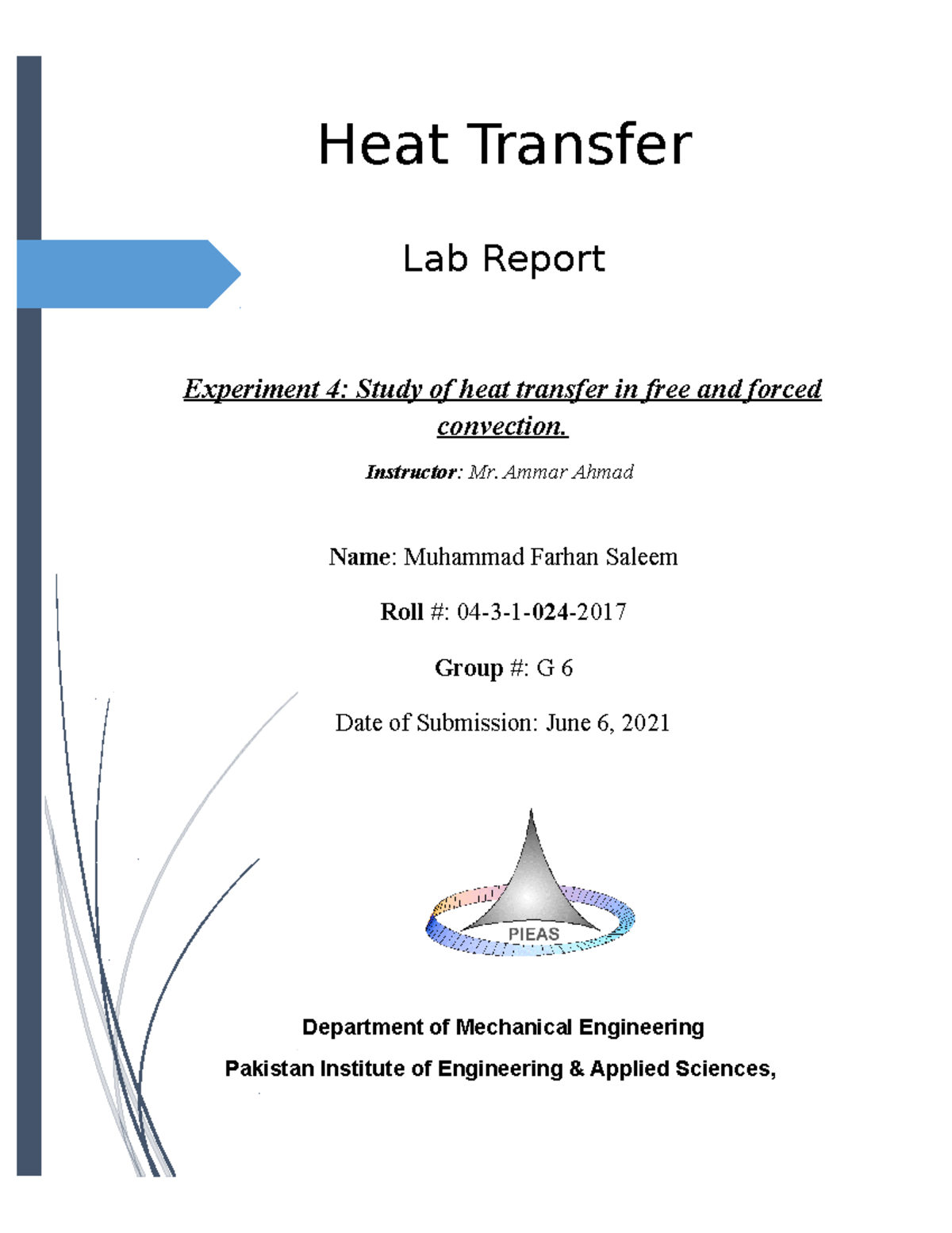 Lab 04 - Free & Forced Convection - Heat Transfer Experiment 4: Study ...