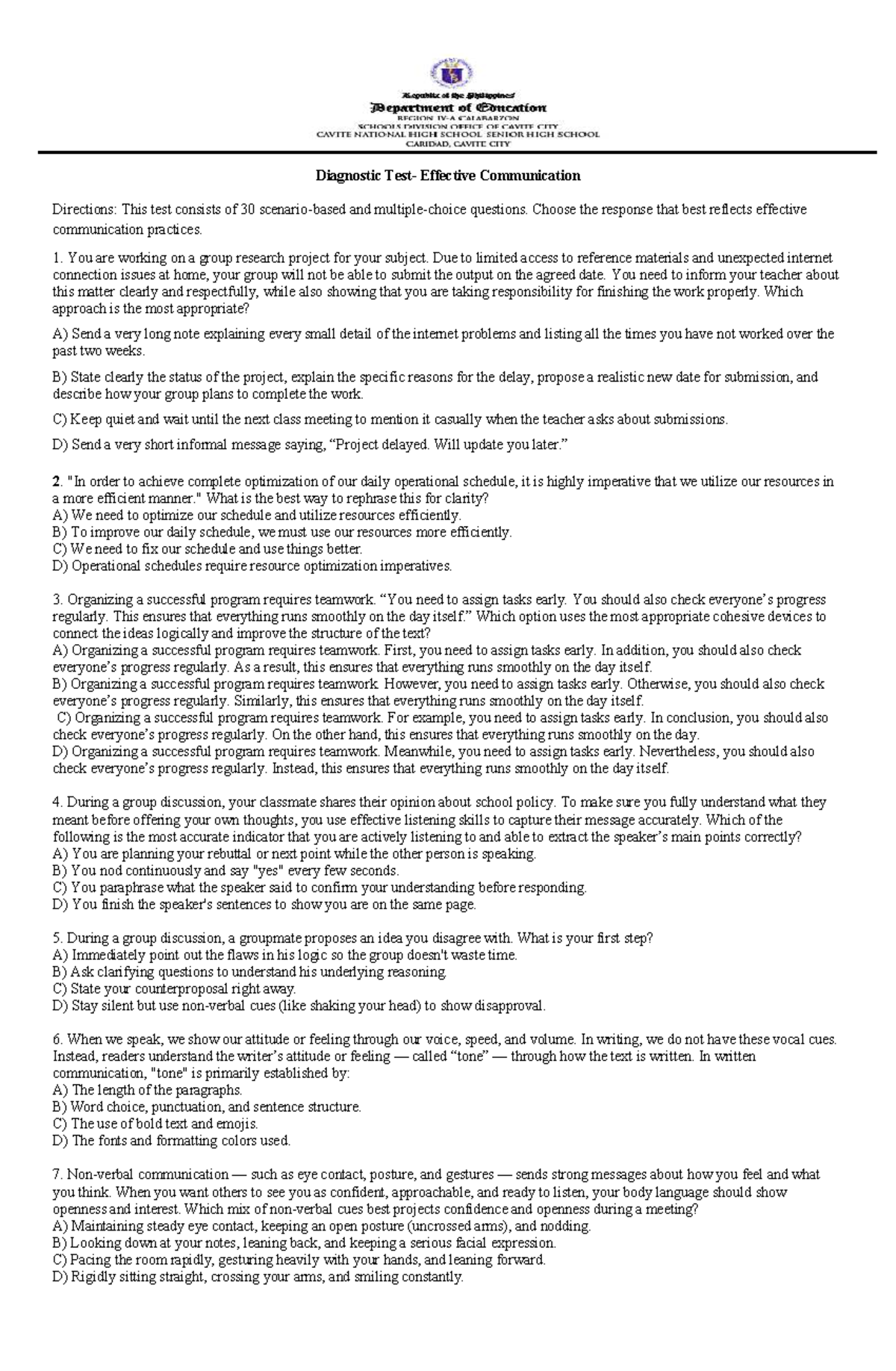 G11 Core Subject: Effective Communication Diagnostic Test - Final Exam ...