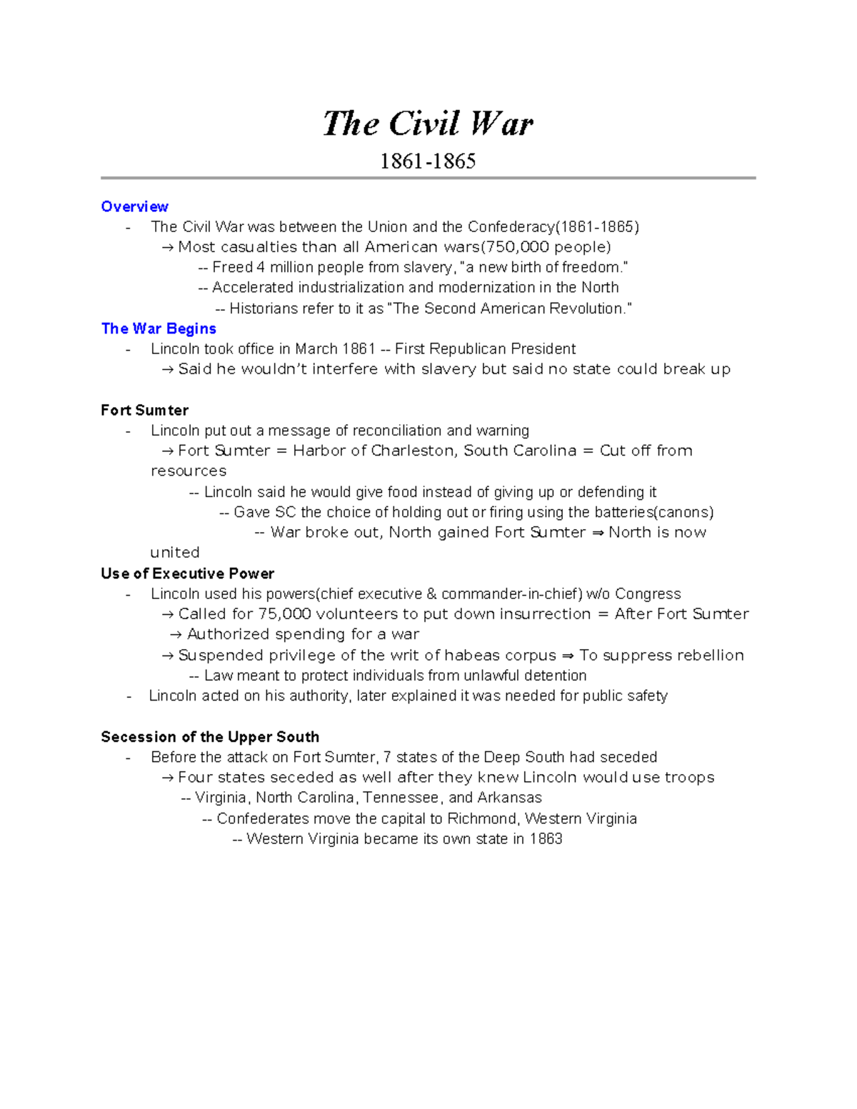 Amsco - Chapter 14 - Detailed Notes - The Civil War 1861- Overview ...