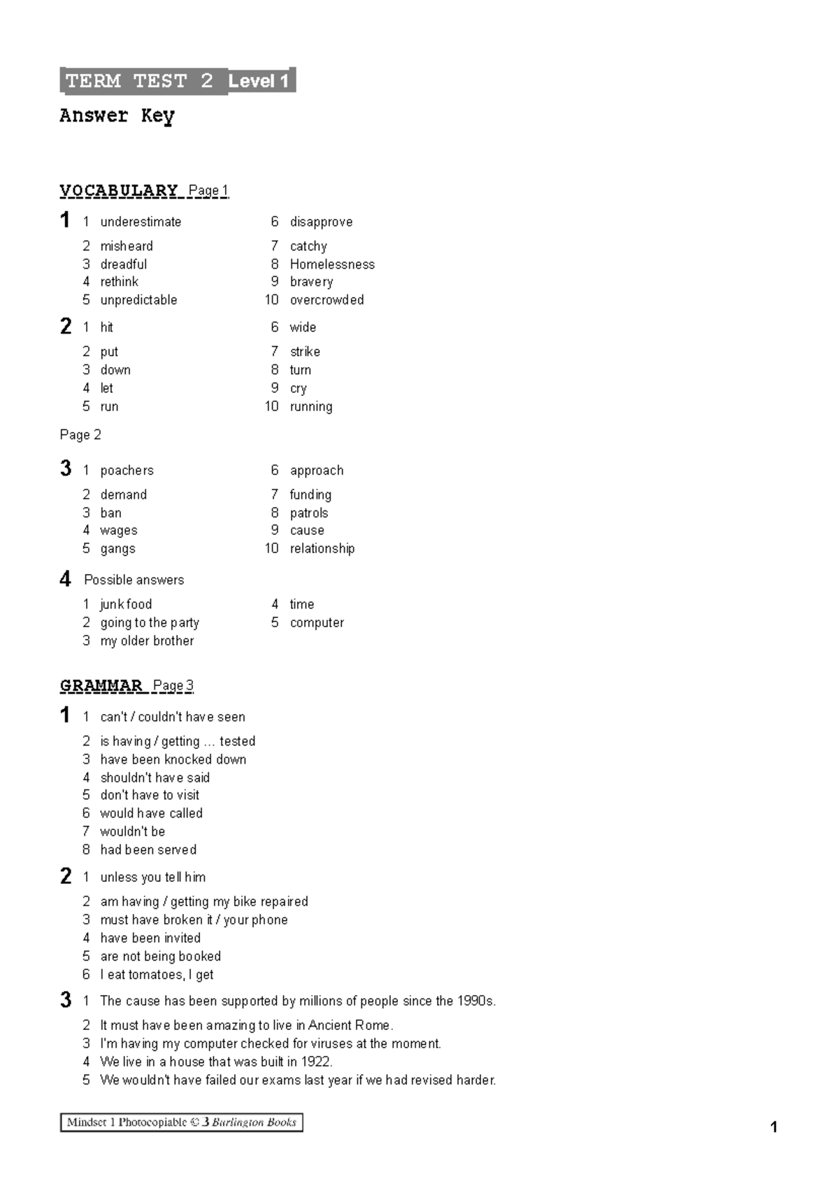 05Mindset 1 Term 2 Test Level 1 Answer Key and Vocabulary Guide - Studocu