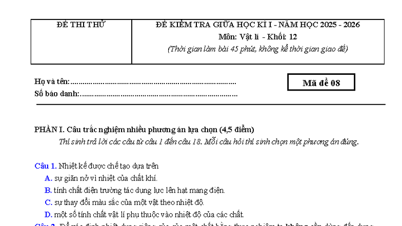 ĐỀ THI THỬ GIỮA HỌC KÌ I MÔN VẬT LÍ KHỐI 12 - MÃ ĐỀ 08 - Studocu