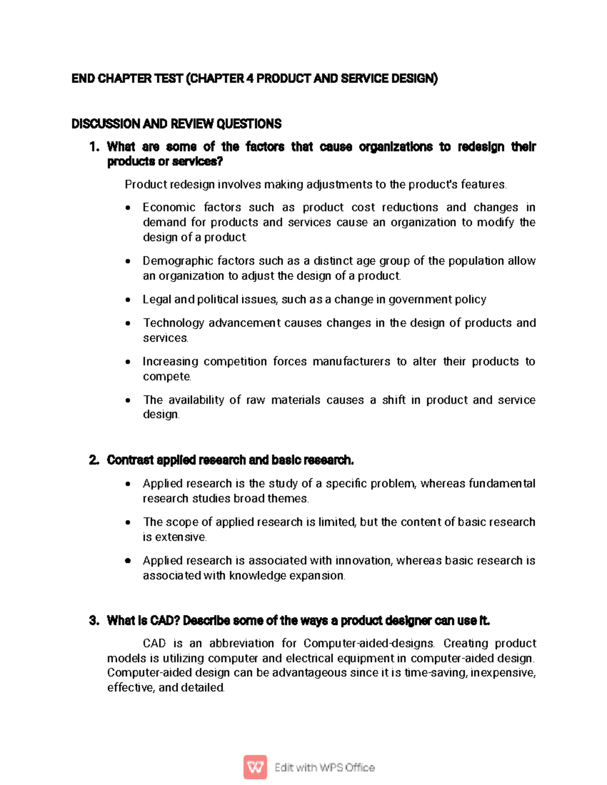 END OF Chapter TEST Chapter 4 Product AND Service Design - END CHAPTER ...