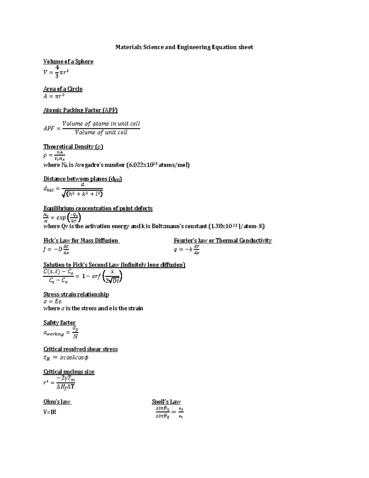 Equation sheet - Materials Science and Engineering Equation sheet ...
