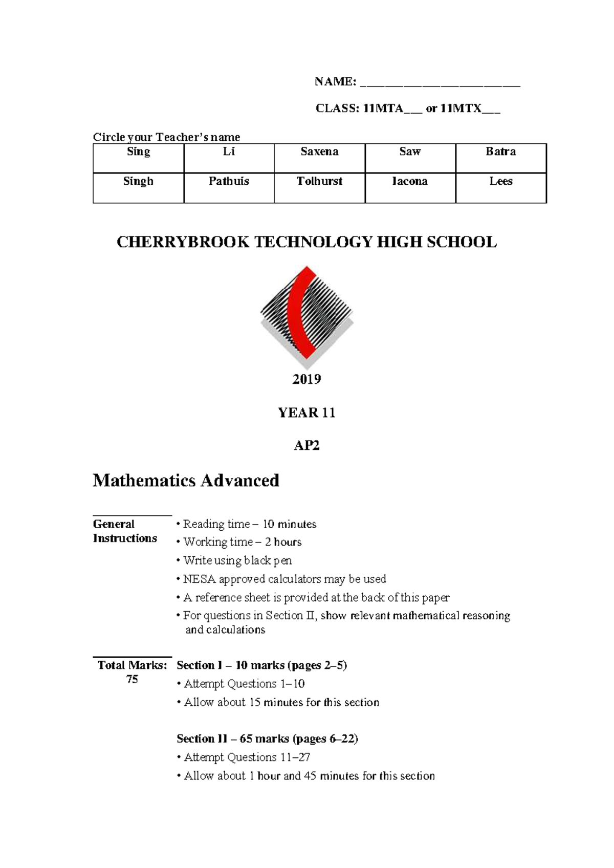 Year 11 AP2 Mathematics Advanced Exam Paper 2019 - Studocu