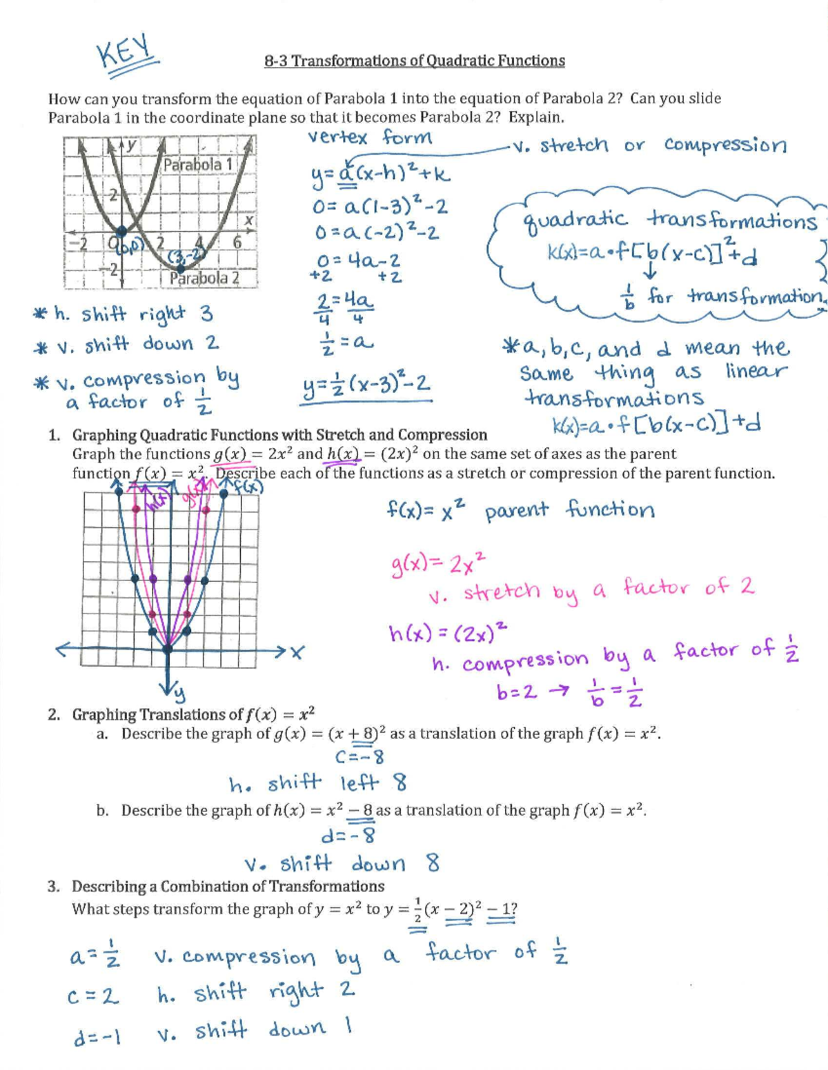 8-3 Transformations of Quadratic Functions KEY - Studocu