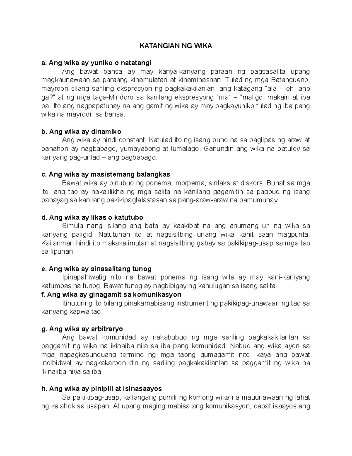 Katangian at Kahalagahan ng Wika: Isang Pagsusuri ng mga Aspeto - Studocu