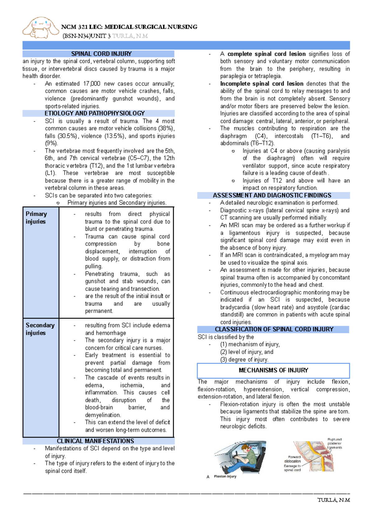 NCM 321 LEC: SPINAL CORD INJURY - Lecture Notes and Overview - Studocu