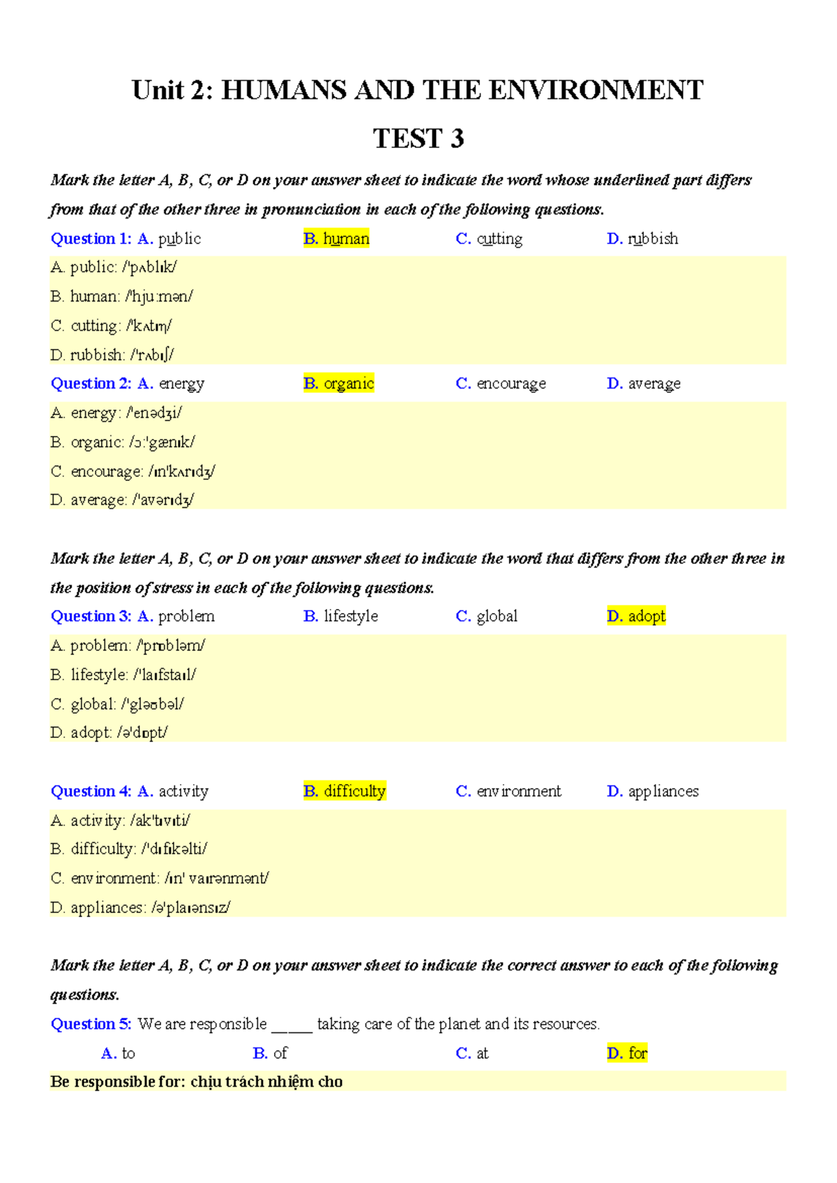 U2: HUMANS AND THE ENVIRONMENT TEST 3 - English 10 Exam - Studocu