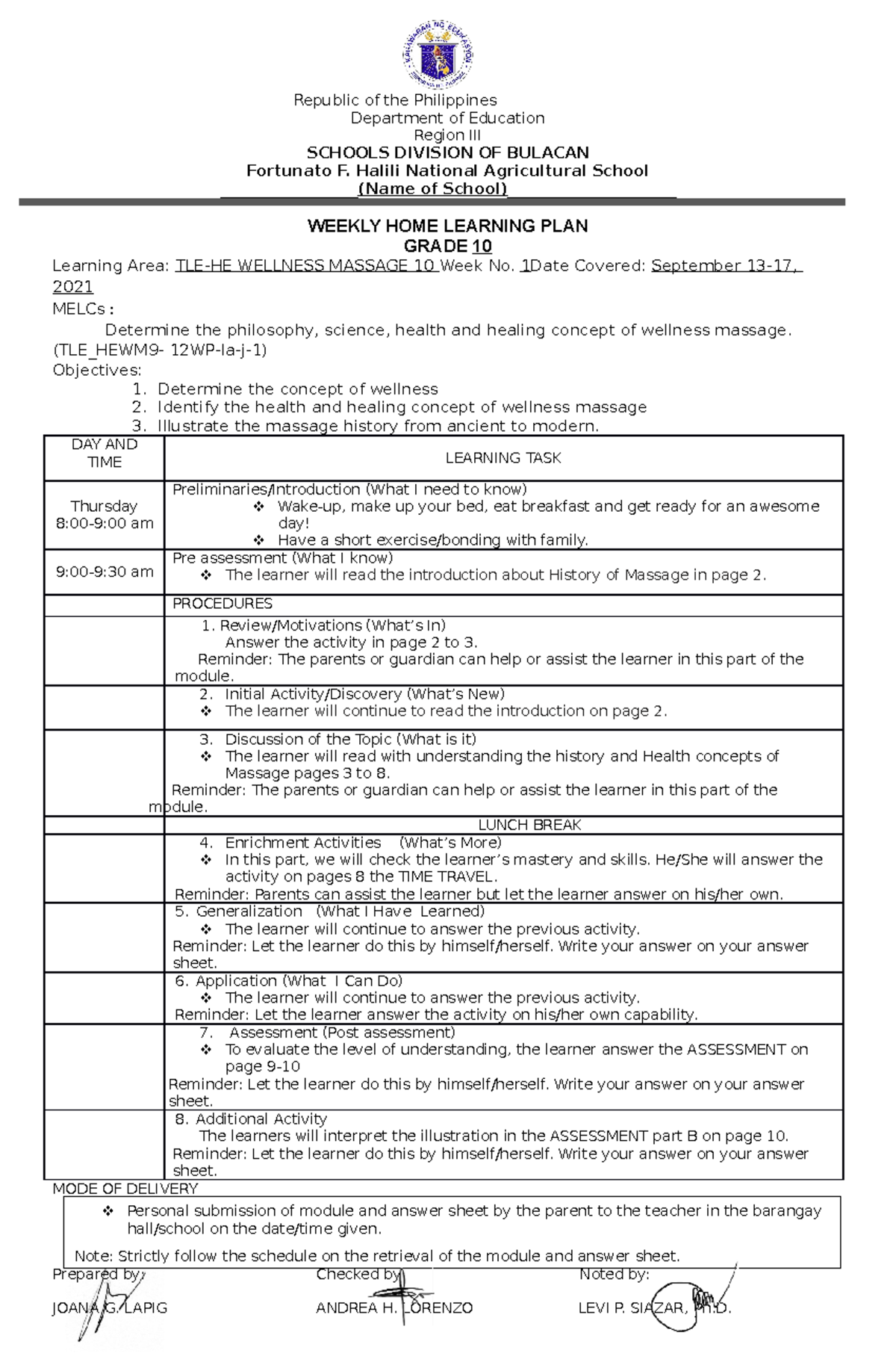 WHLP TLE 10 Wellness Massage Q1 Week 1 Learning Activities Guide - Studocu