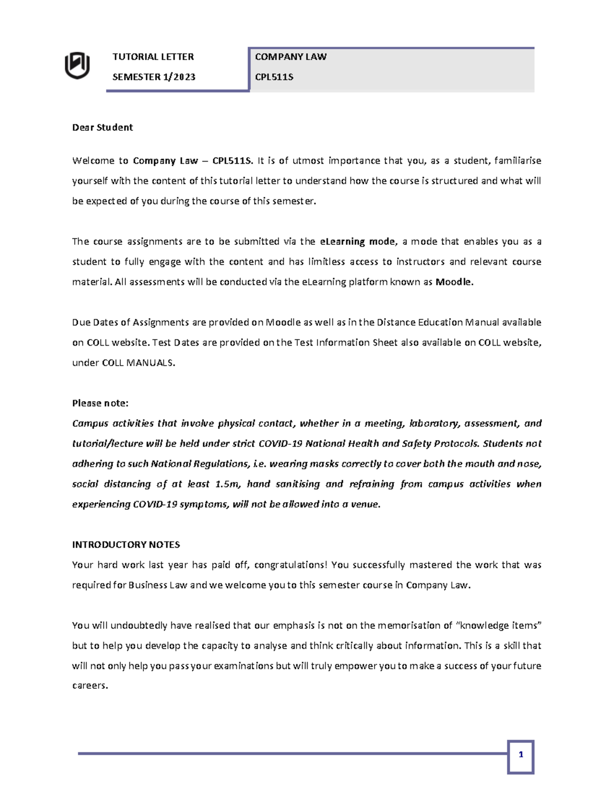 CPL511S Company Law Tutorial Letter: Semester Overview and Guidelines - Studocu
