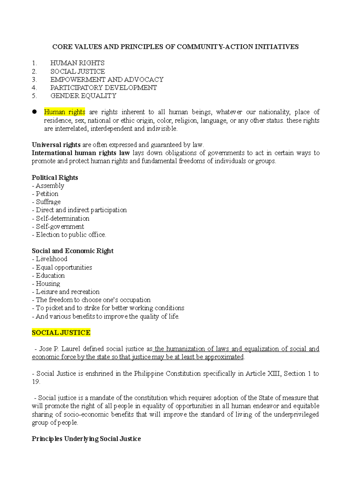 Core Values & Principles of Community Action Initiatives - Studocu