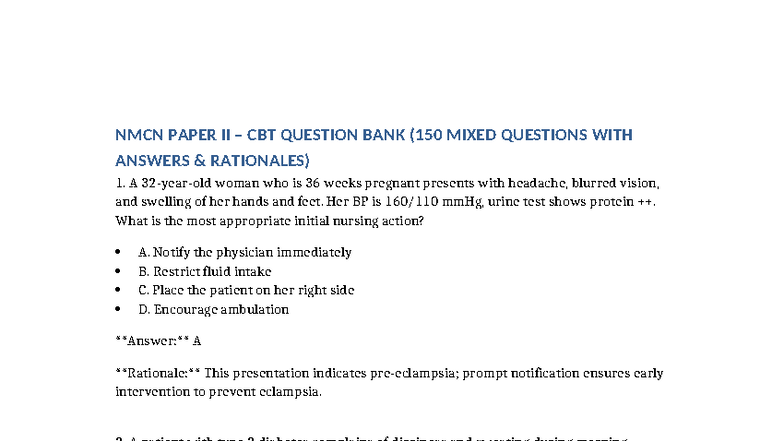 NMCN Paper II CBT Question Bank: 150 Mixed Qs & Answers - Studocu