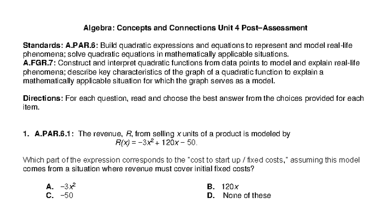 Algebra: Concepts and Connections Unit 4 Post-Assessment (A.PAR.6 ...