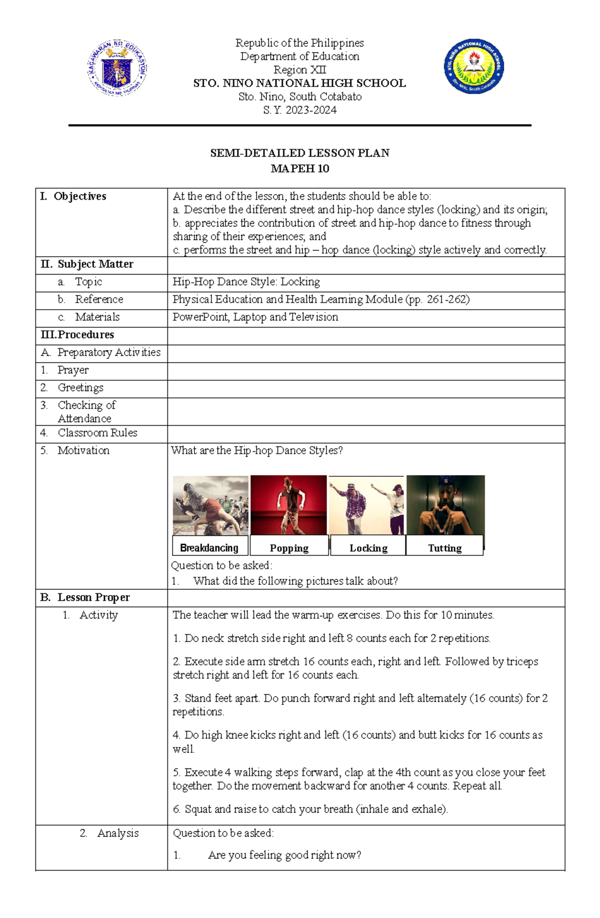 G10-MAPEH Lesson Plan: Exploring Hip-Hop Dance Styles (Locking) - Studocu