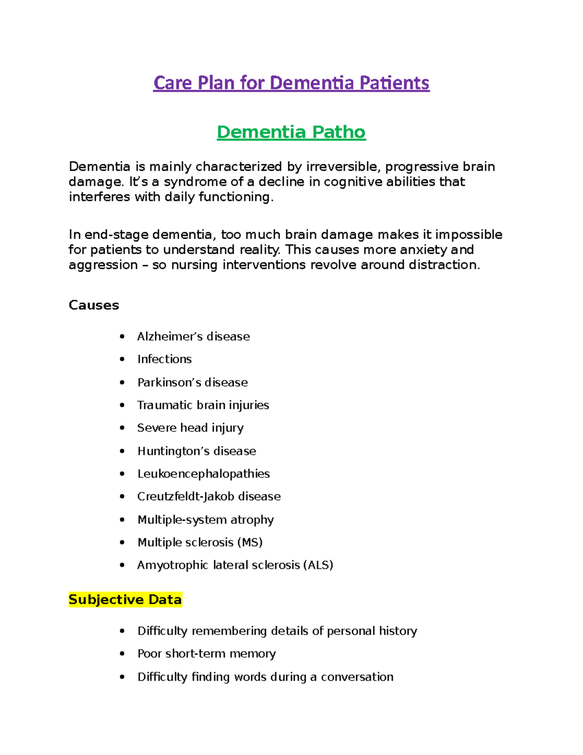 Care Plan for Dementia Patients - Care Plan for Dementia Patients ...