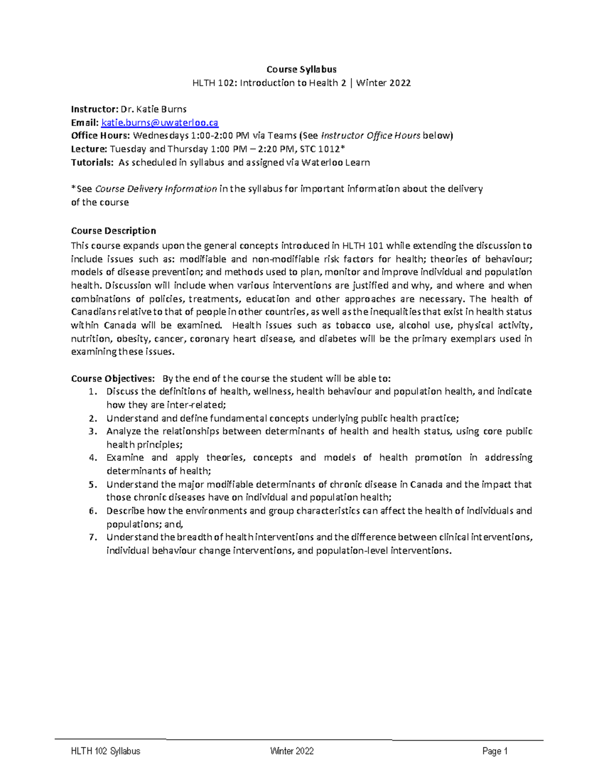 HLTH 102: Winter 2022 Course Syllabus for Introduction to Health 2 - Studocu