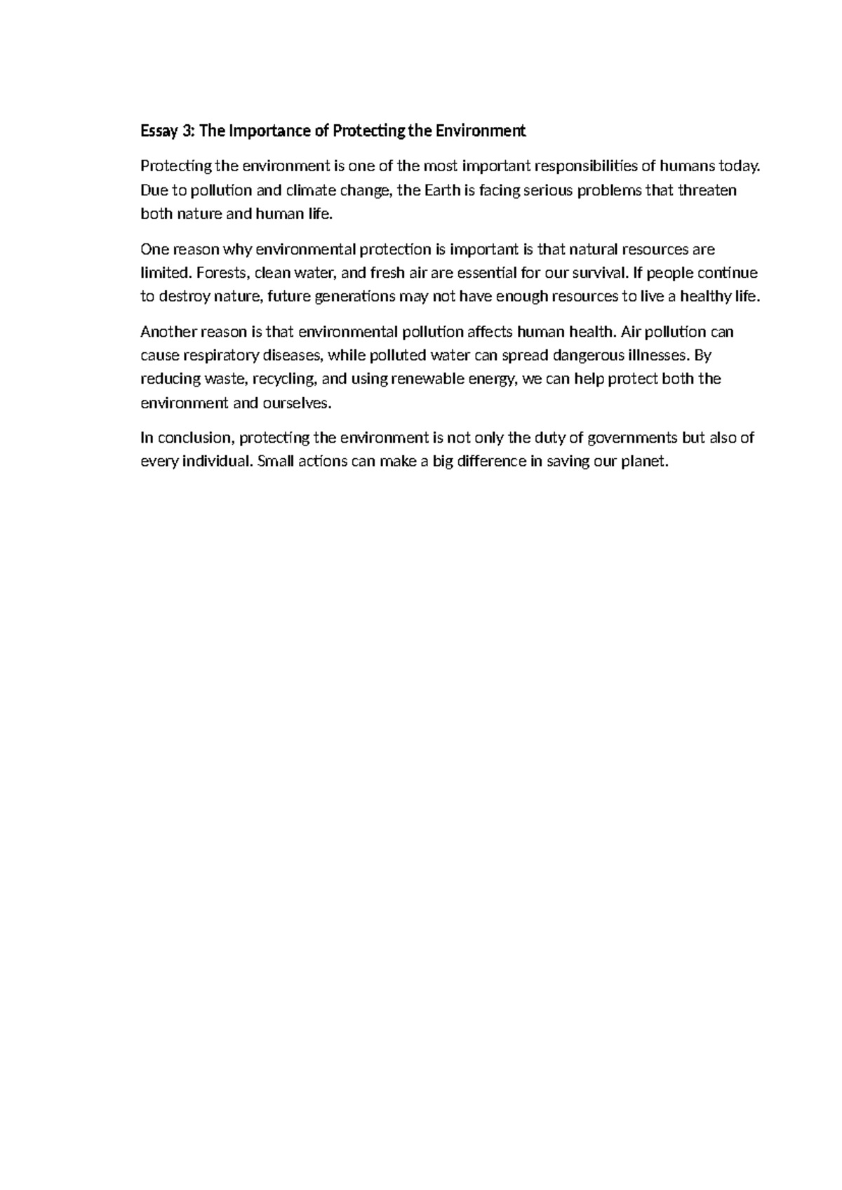 Essay 3: The Crucial Role of Environmental Protection - Studocu