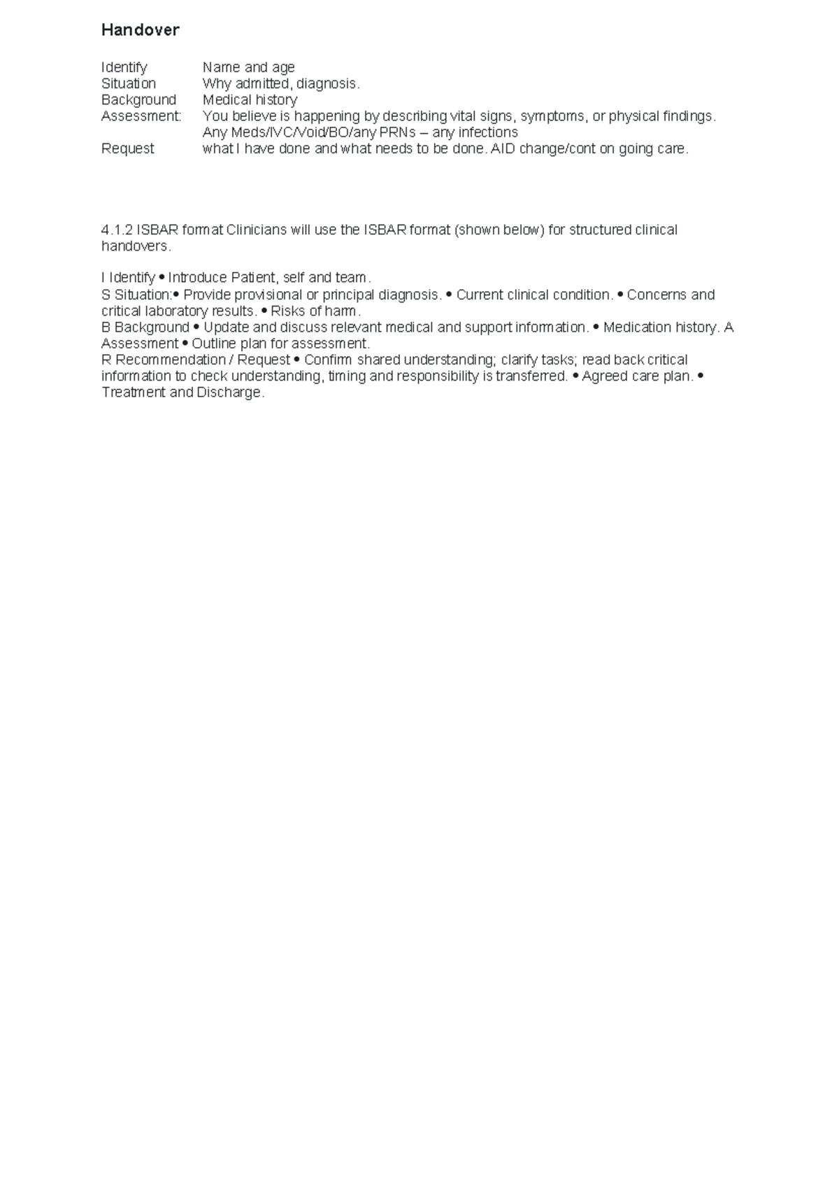 Handover Report: ISBAR Format for Clinical Situations - Studocu